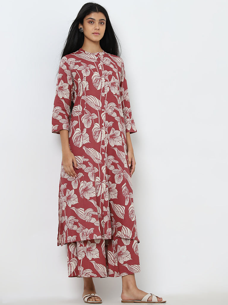 Buy Utsa Dusty Pink Leaf Printed A-Line Kurta from Westside