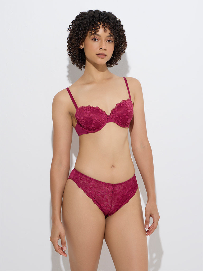 Buy Wunderlove Maroon Lace-Detailed Brazilian Brief from Westside