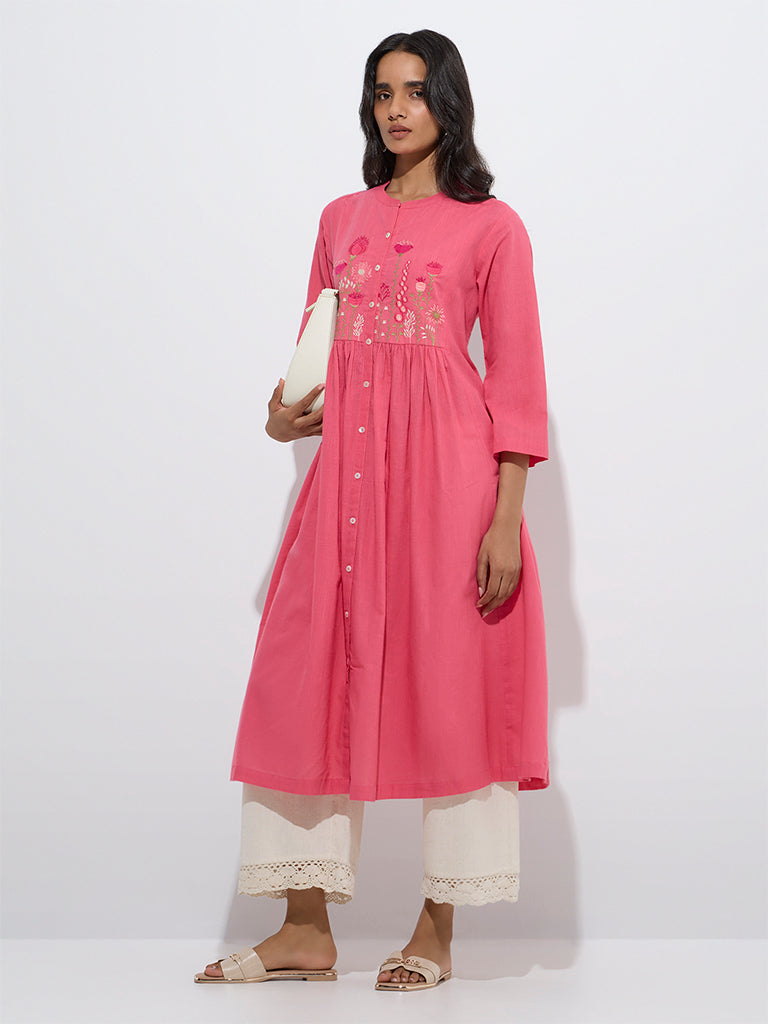 Buy Utsa Pink Floral Embroidered Cotton A-Line Kurta from Westside