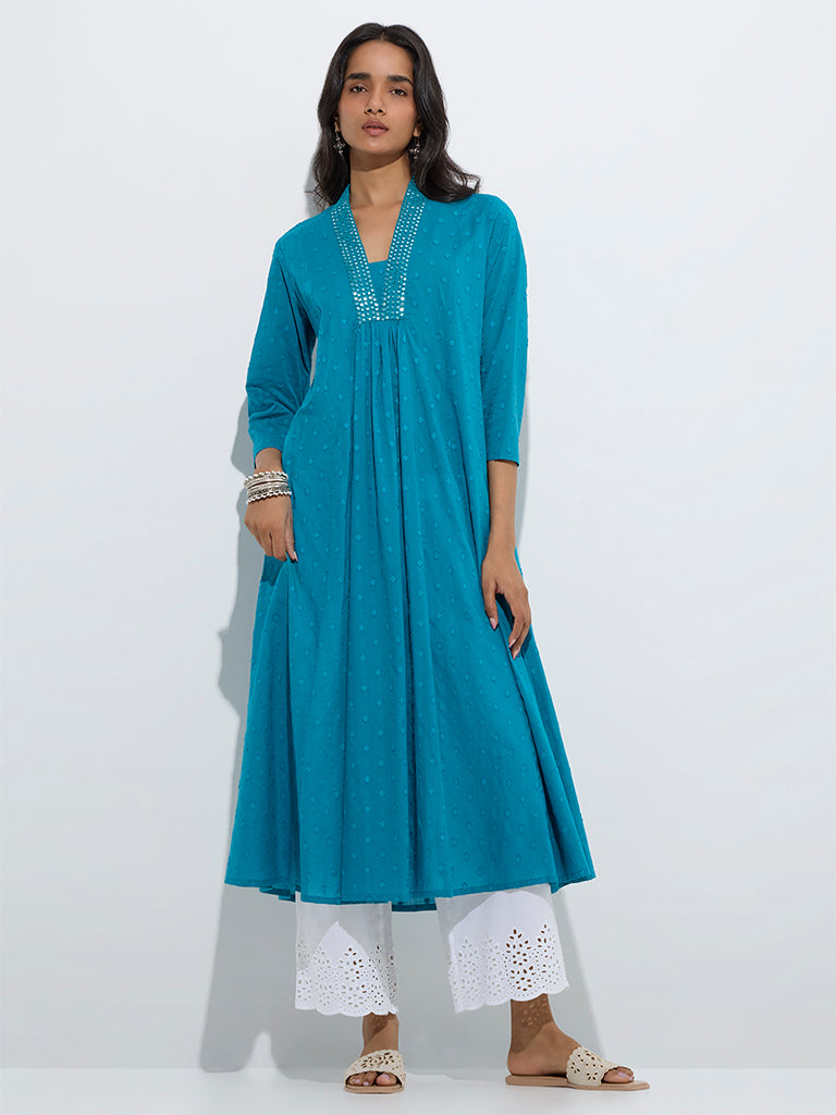 Buy Utsa Turquoise Mirror Work Cotton A-Line Kurta from Westside