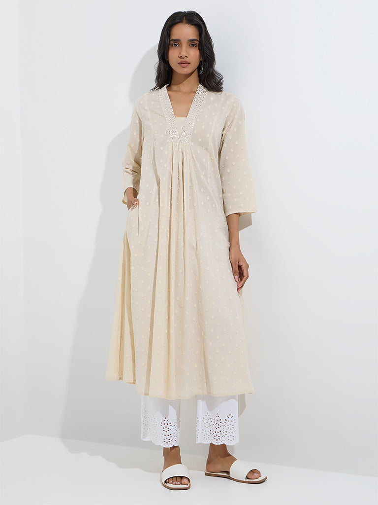 Buy Utsa Off-White Mirror Work Cotton A-Line Kurta from Westside