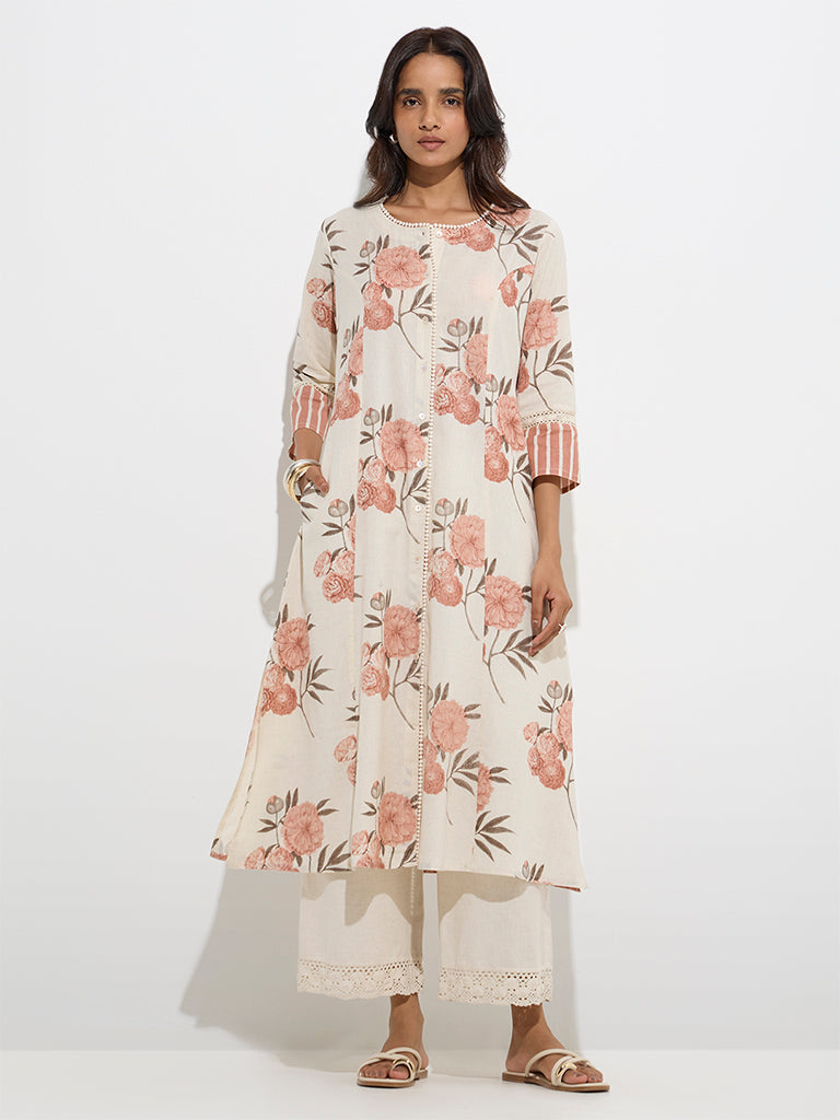 Buy Utsa Coral Floral Design Cotton-Blend A-Line Kurta from Westside