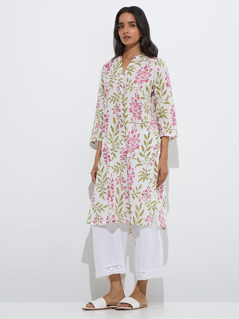 Buy Utsa Pink Floral Design Cotton Straight Kurta from Westside