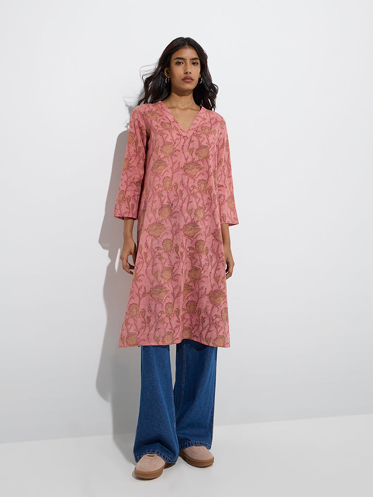Buy Utsa Pink Foliage Patterned Cotton Straight Kurta from Westside