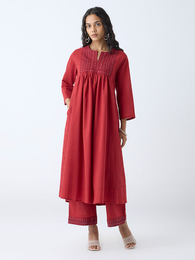 Buy Utsa Maroon Mirror Work Detailed A-Line Cotton Kurta from Westside