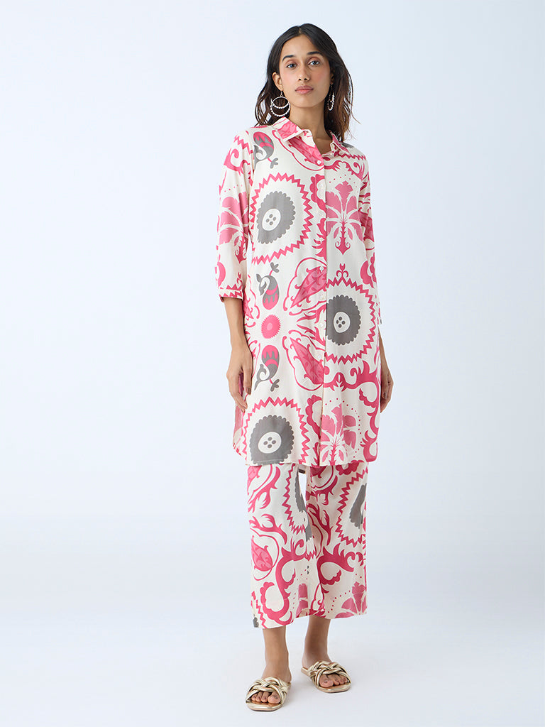 Buy Utsa Pink Foliage Design Straight Kurta from Westside