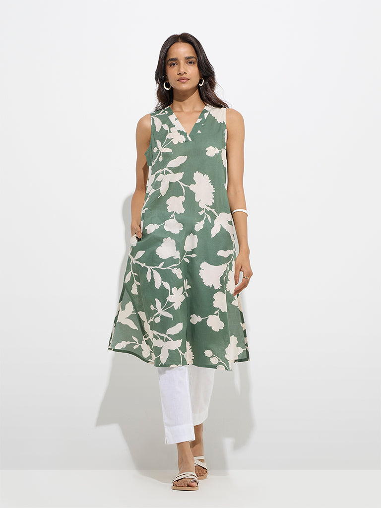 Buy Utsa Sage Foliage Design Cotton Straight Kurta from Westside