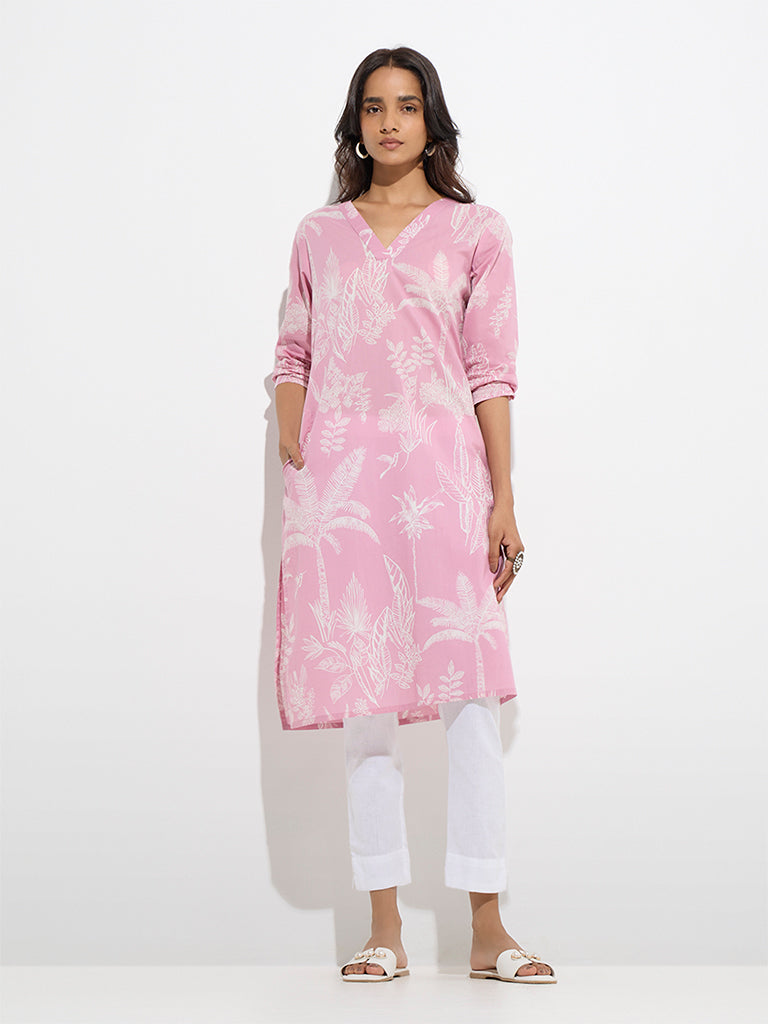 Buy Utsa Pink Tropical Design Cotton Straight Kurta from Westside