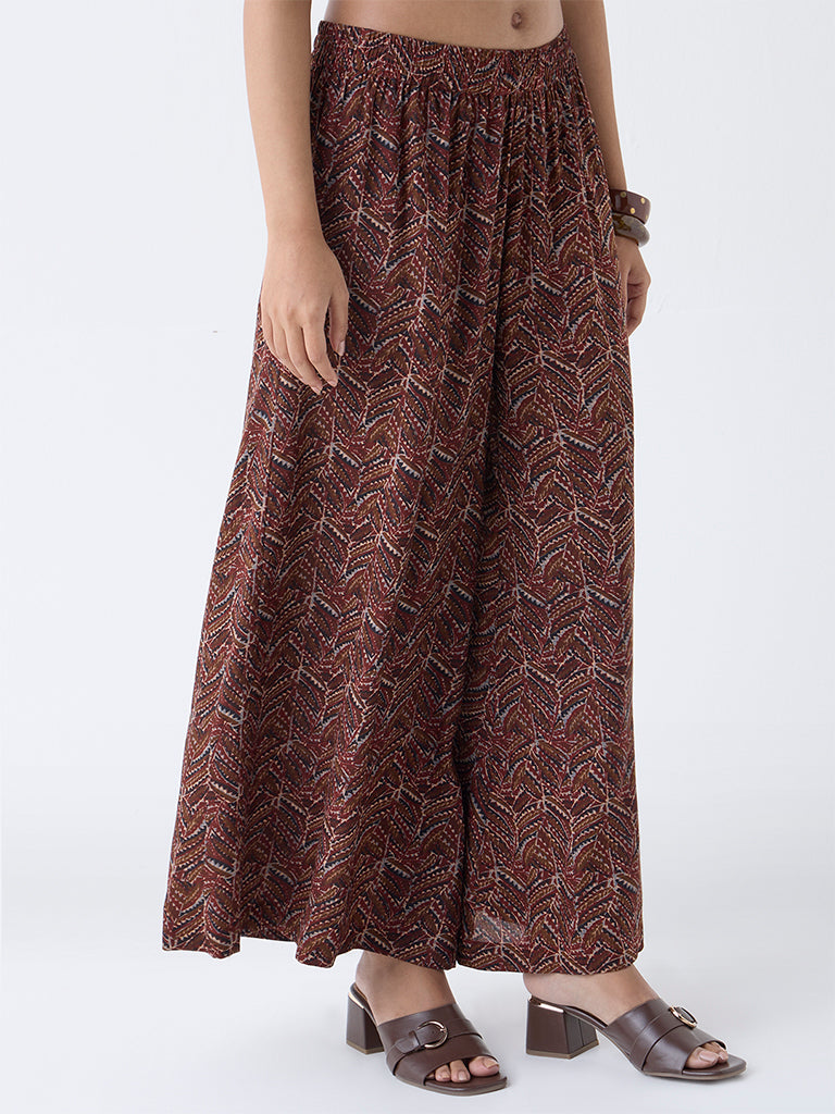 Buy Utsa Maroon Chevron Printed Palazzos from Westside