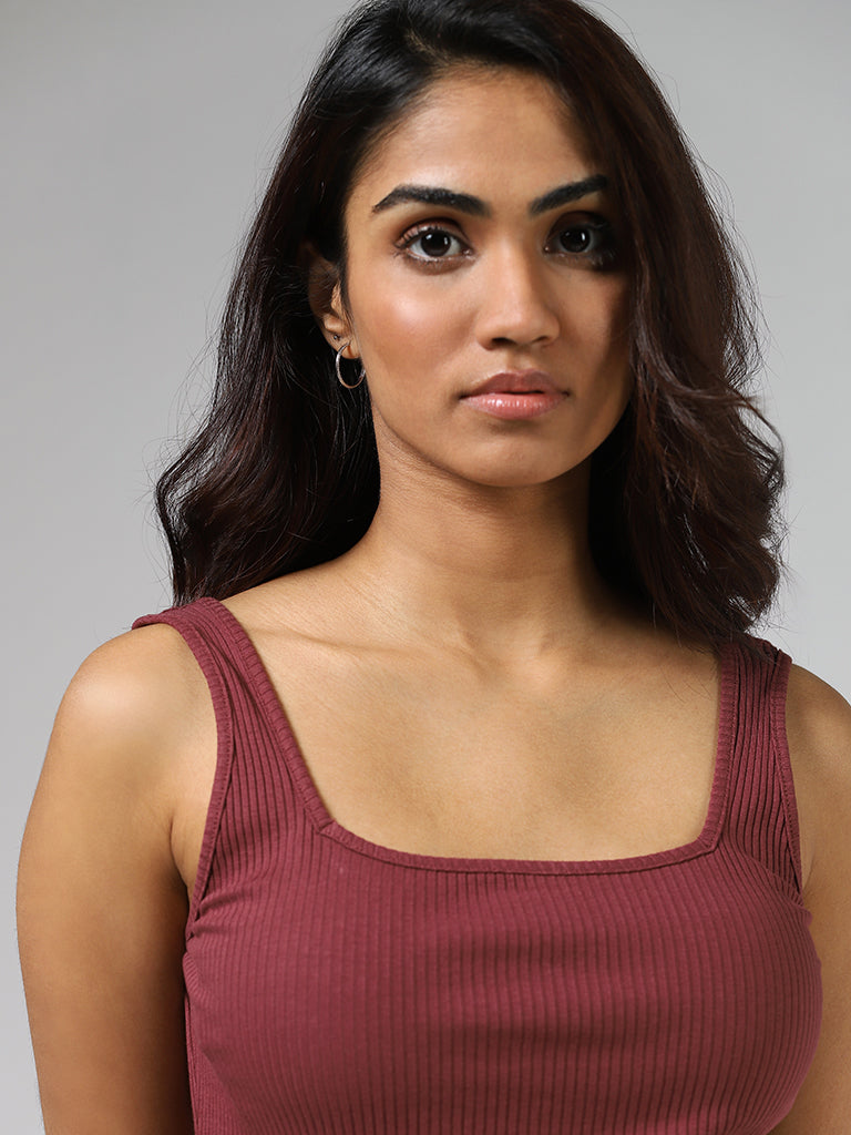 Buy Wunderlove Rust Ribbed Cotton Blend Camisole from Westside