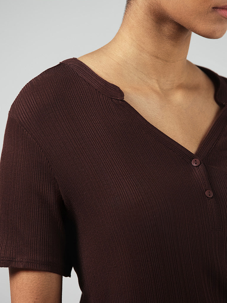 Buy Wunderlove Dark Brown Ribbed Top from Westside