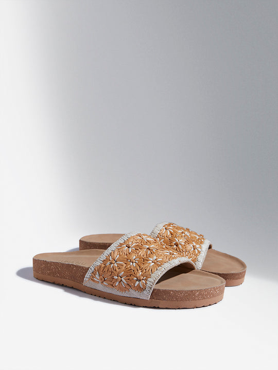 LUNA BLU Tan Floral Woven Comfort Slides