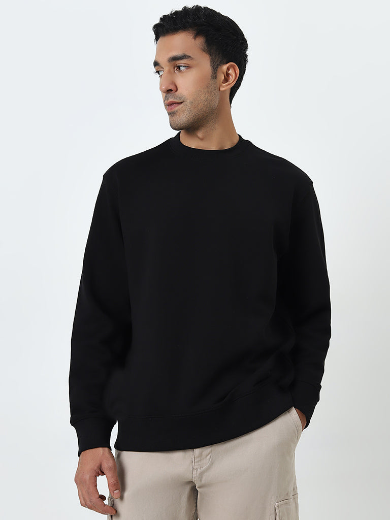 Buy WES Casuals Black Solid Relaxed-Fit Cotton Blend Sweatshirt from ...