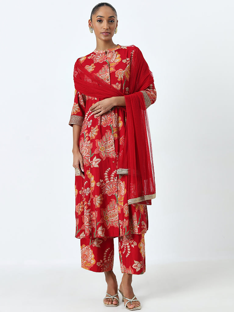 Buy Vark Red Floral A-Line Kurta, Palazzos and Dupatta Set from Westside