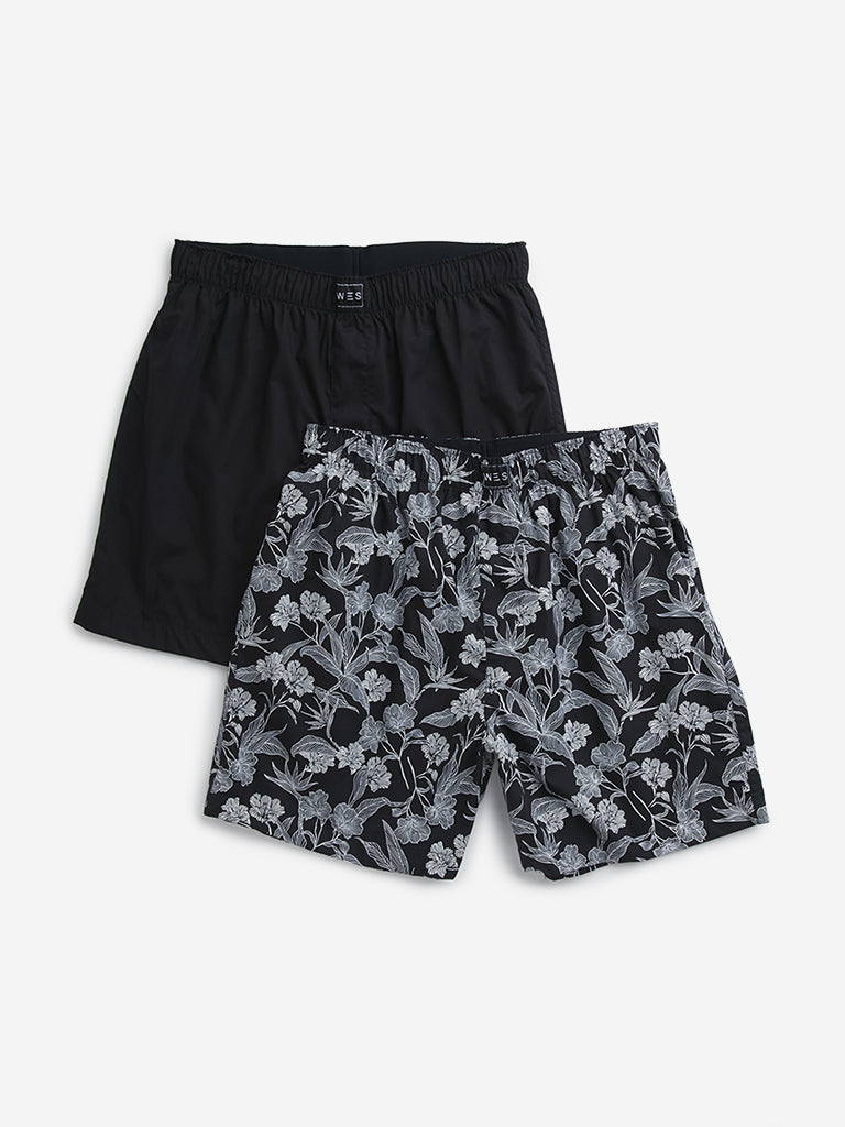 Buy WES Lounge Black Floral Printed Cotton Boxers - Pack of 2 from Westside