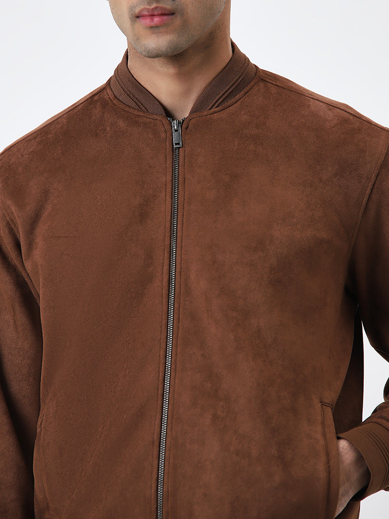 Buy Ascot Brown Faux Suede Relaxed-Fit Bomber Jacket from Westside