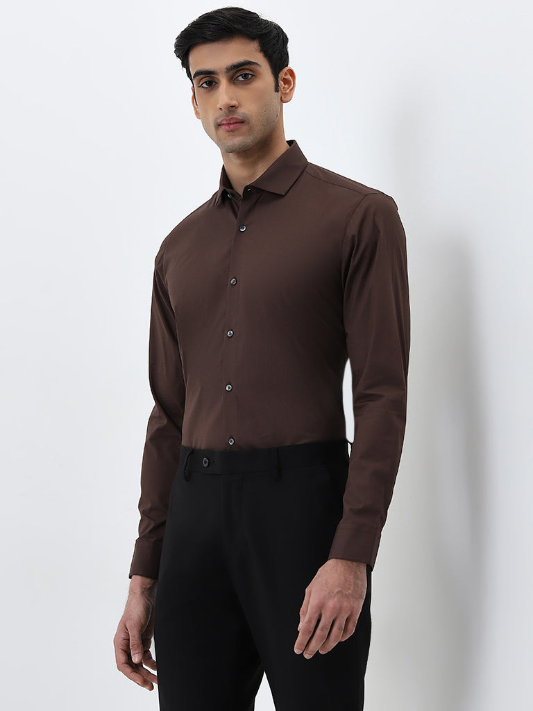 Buy WES Formals Brown Solid Ultra Slim-Fit Cotton Blend Shirt from Westside