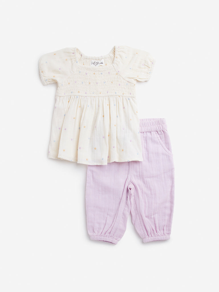 Buy HOP Baby Off-White Smocked Cotton Top with Pants Set from Westside