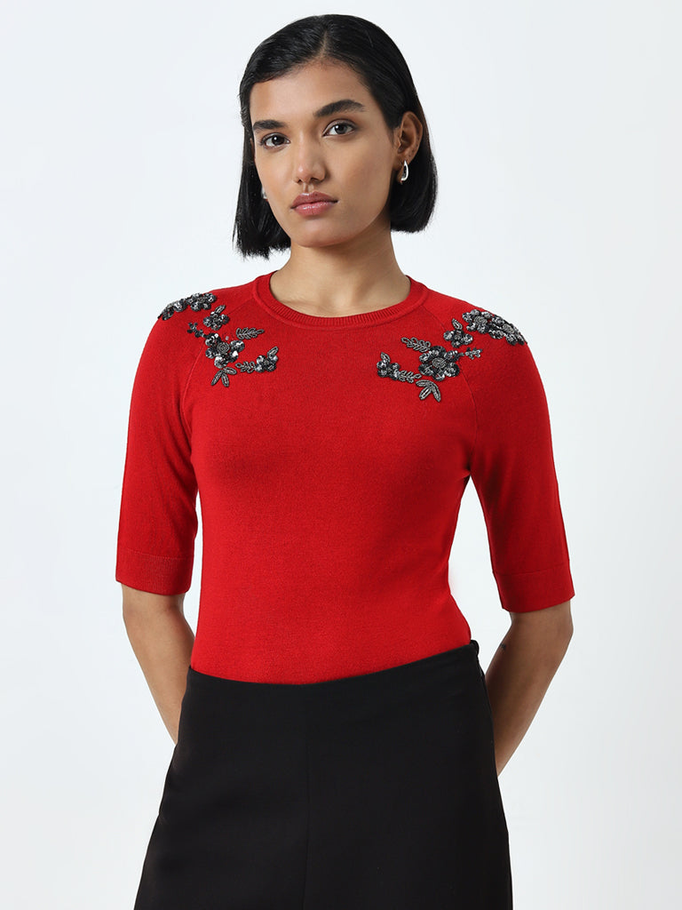 Buy Wardrobe Red Embellished Top from Westside