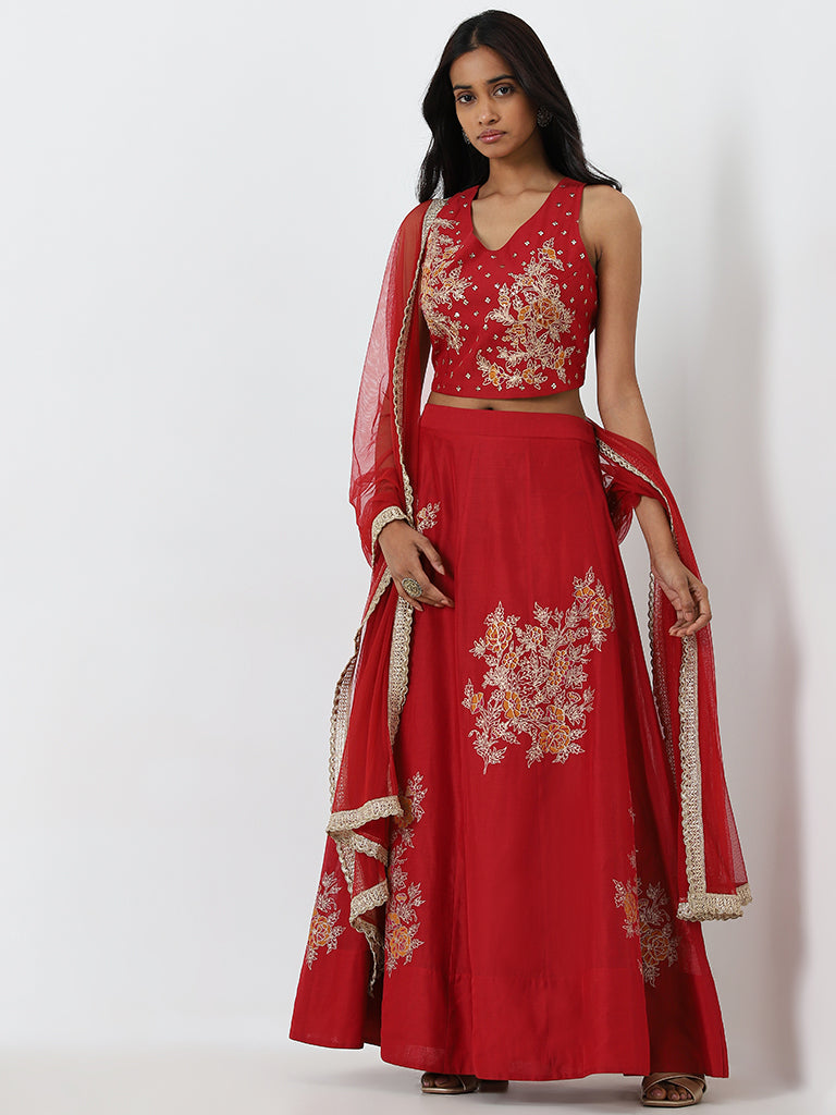 Buy Vark Red Floral Embroidered Choli, Ghagra and Dupatta Set from Westside