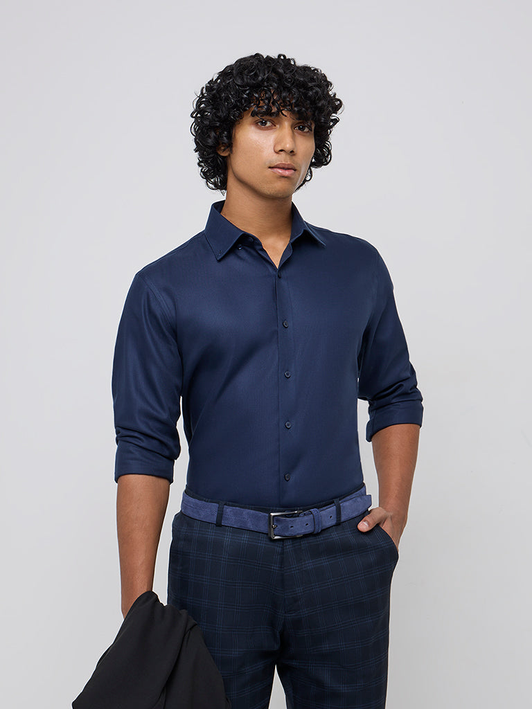 Buy WES Formals Navy Slim-Fit Cotton Shirt from Westside