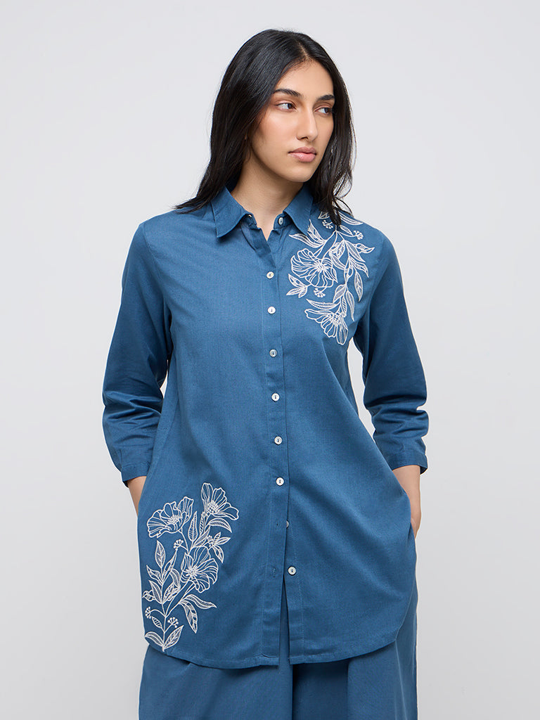 Buy Utsa Blue Embroidered A-Line Cotton Blend Tunic from Westside