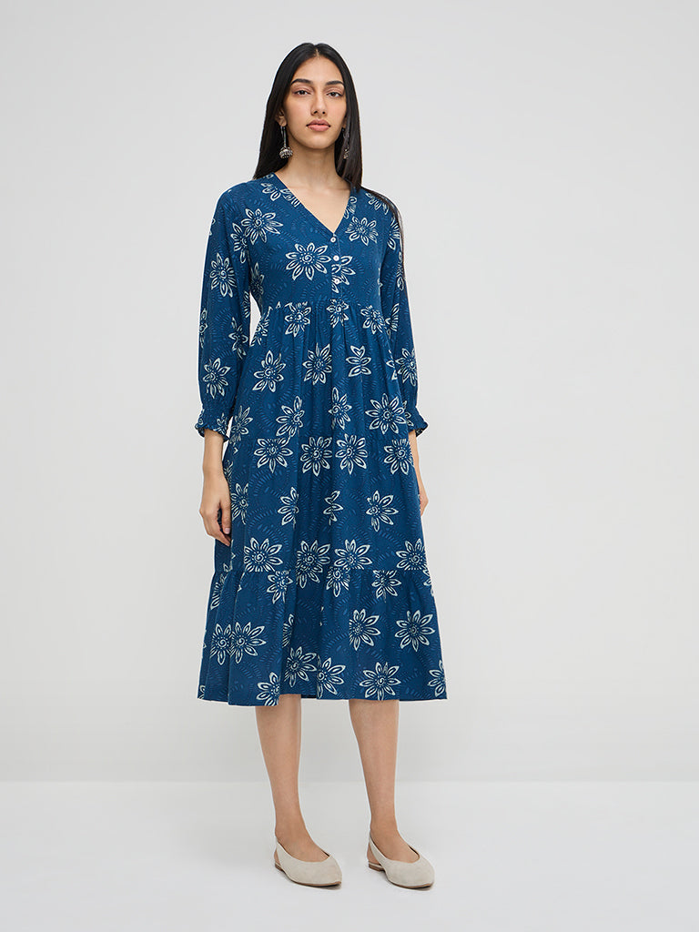 Buy Utsa Blue Floral Design A-Line Dress from Westside