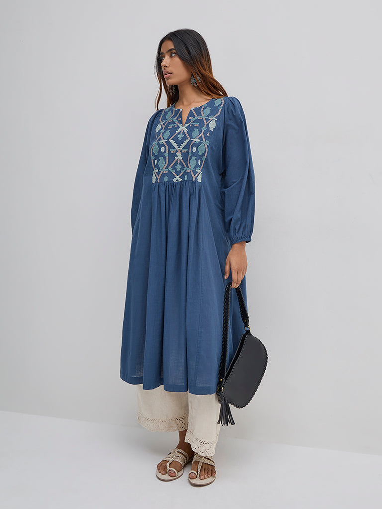 Buy Utsa Blue Embroidered Cotton A-Line Kurta from Westside