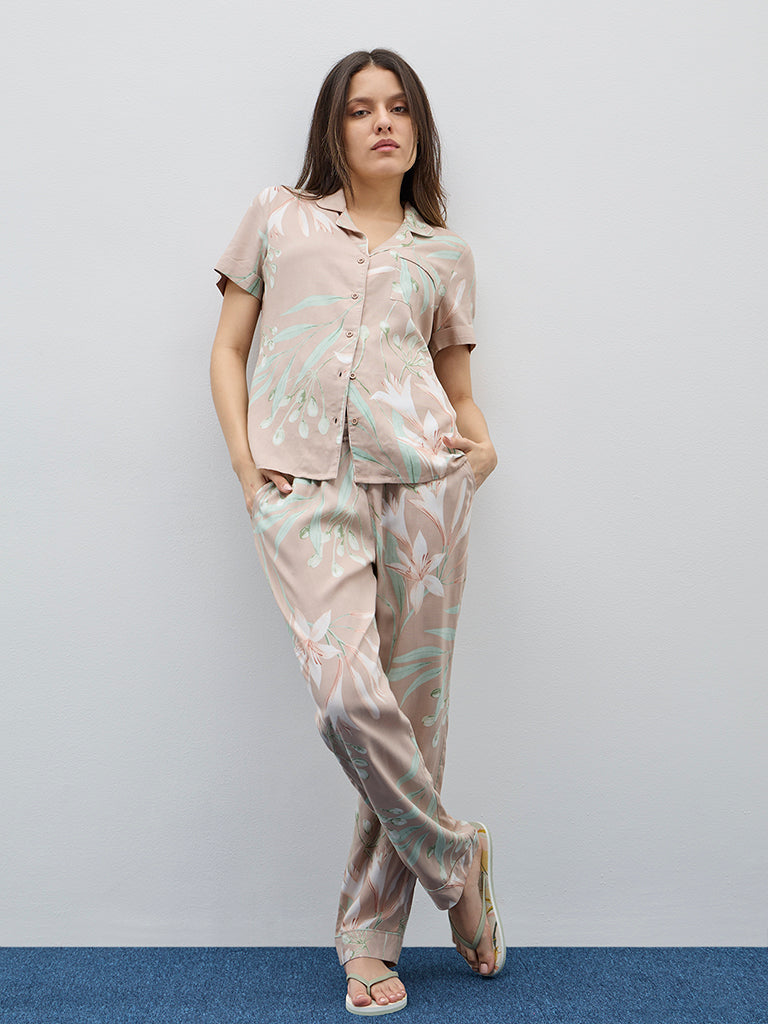 Buy Wunderlove Dark Beige Floral Printed Shirt and Pyjamas Set from ...