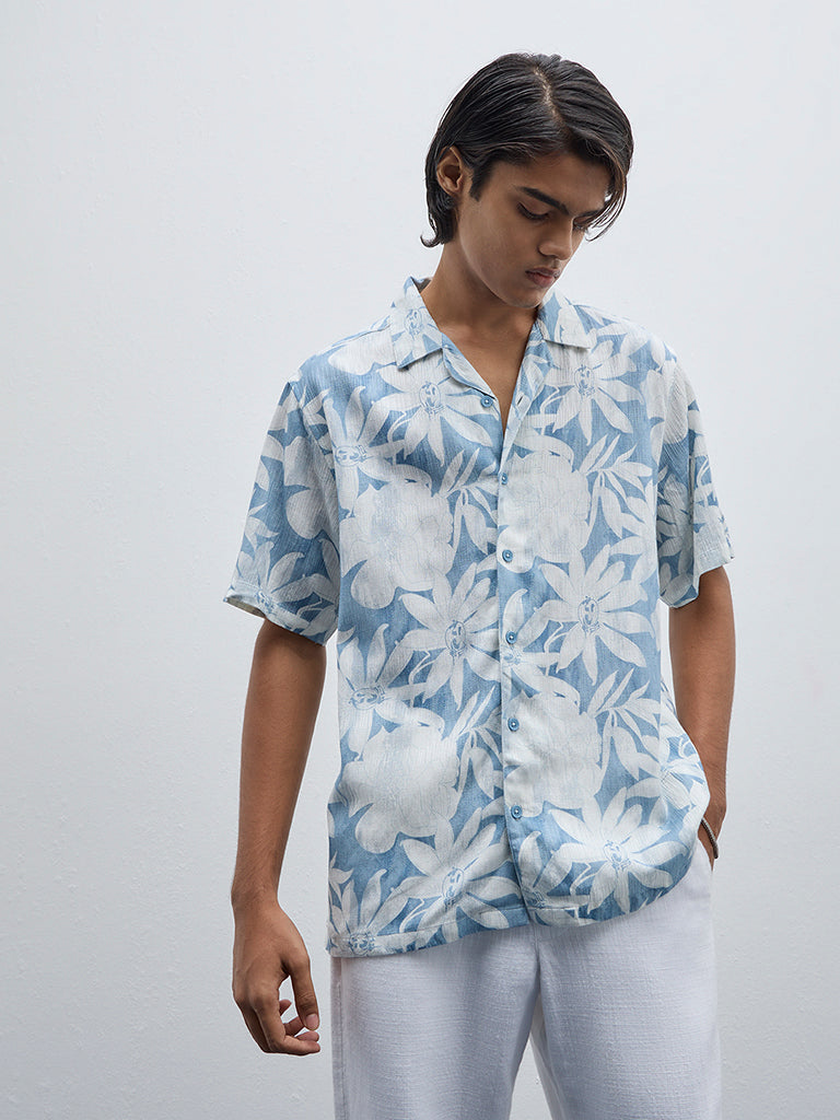 Buy ETA Light Blue Floral Print Relaxed-Fit Shirt from Westside