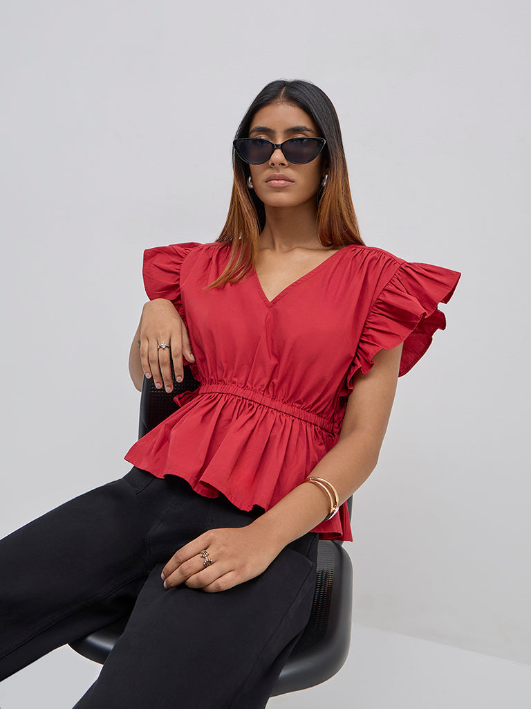 Buy LOV Red Ruffle-Detailed Cotton Peplum Top from Westside