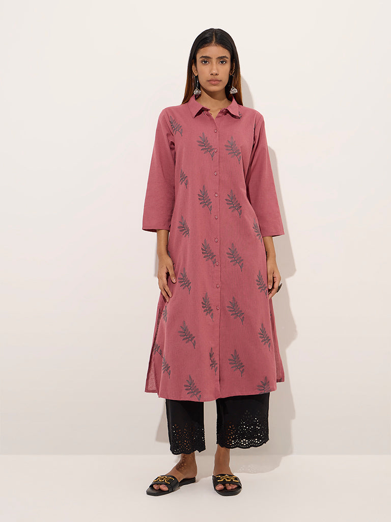 Buy Utsa Dusty Pink Leaf Embroidered Cotton A-Line Kurta from Westside