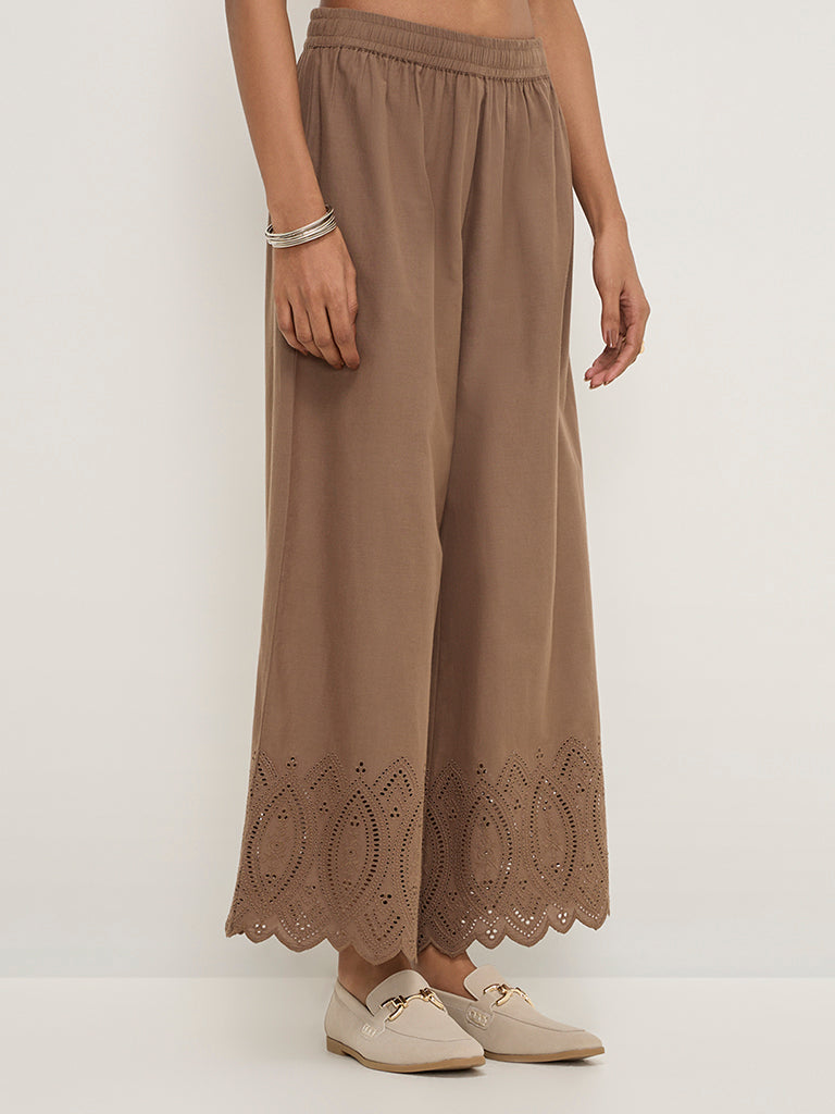Buy Zuba Dark Brown Schiffli Design Cotton Palazzos from Westside