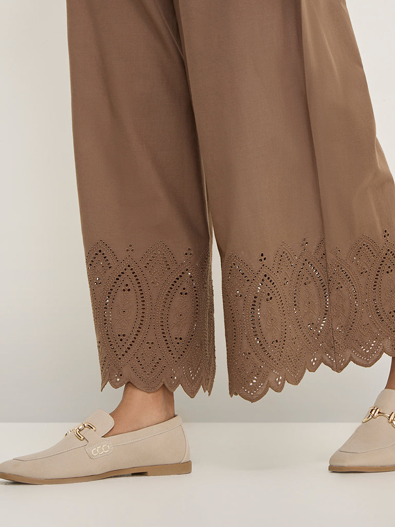 Buy Zuba Dark Brown Schiffli Design Cotton Palazzos from Westside