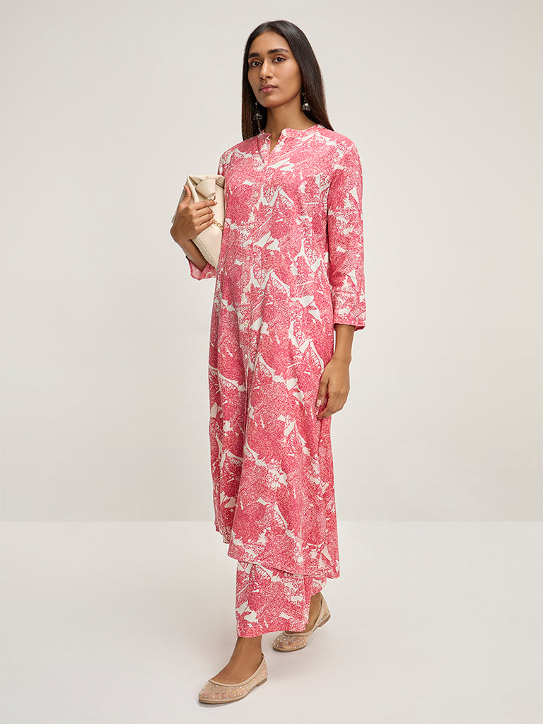 Buy Utsa Pink Leaf Design A-Line Kurta from Westside