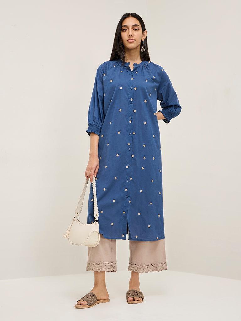 Buy Utsa Blue Embroidered Cotton A-Line Kurta from Westside
