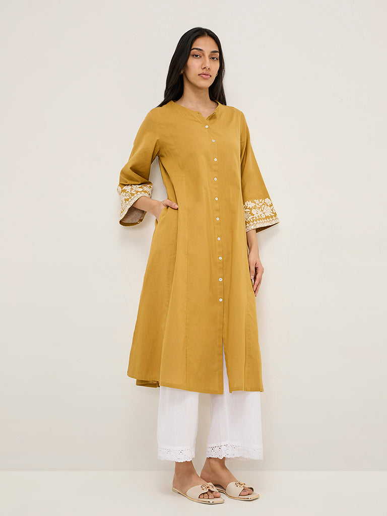 Buy Utsa Mustard Floral Embroidered Cotton Blend A-Line Kurta from Westside