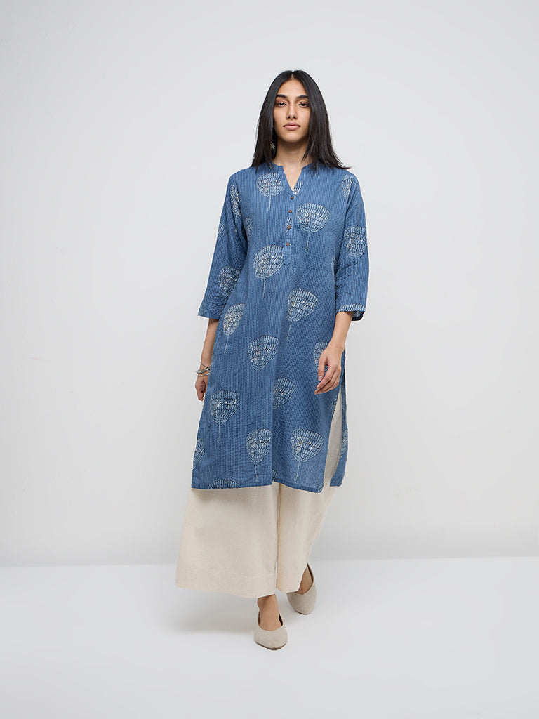 Buy Utsa Blue Floral Printed Cotton Blend Straight Kurta from Westside