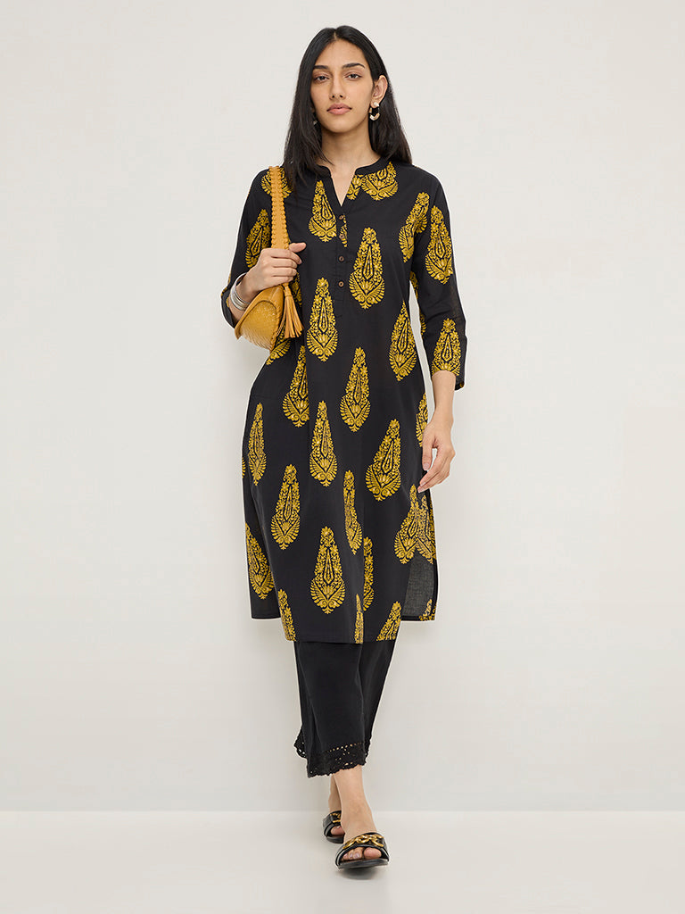Buy Utsa Black Buta Printed Straight Cotton Kurta from Westside
