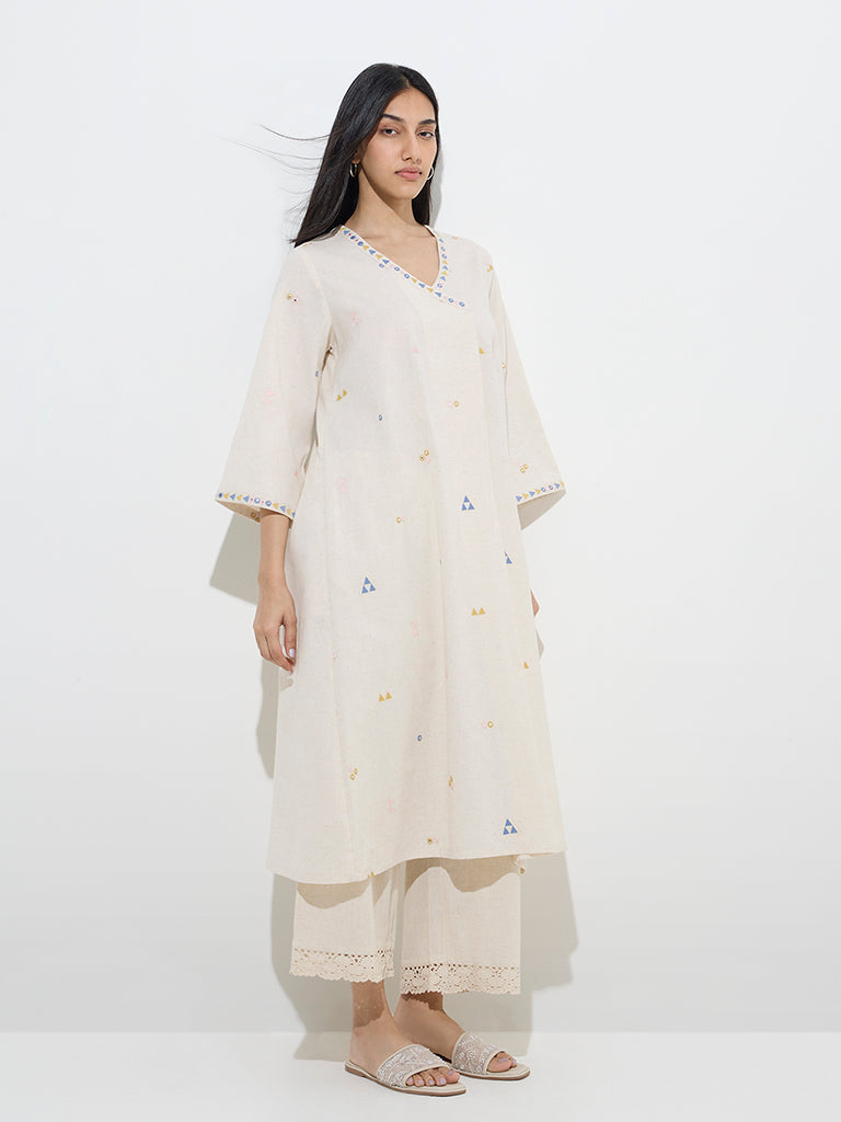 Buy Utsa Off-White Embroidered Cotton-Blend A-Line Kurta from Westside