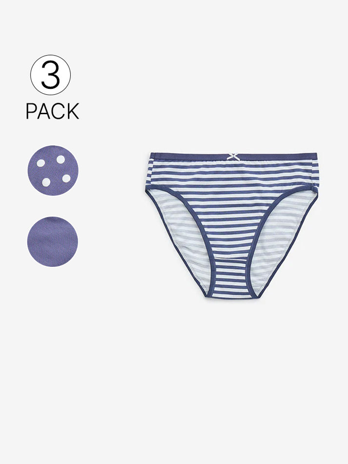 Buy Wunderlove Blue Hi-Leg Cotton Blend Briefs - Pack of 3 from Westside