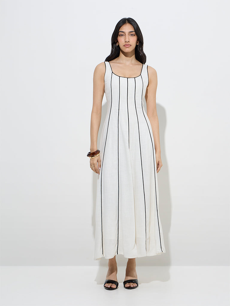 Buy LOV Off-White Striped Linen-Blend A-Line Dress from Westside