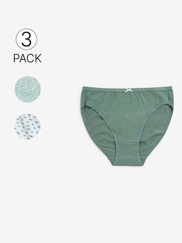 Buy Wunderlove Green Cotton-Blend Hi-Leg Briefs - Pack of 3 from Westside