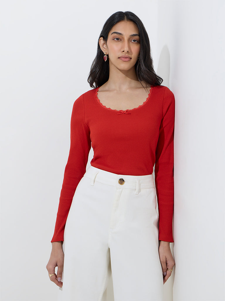 Buy LOV Red Ribbed-Textured Cotton-Blend Top from Westside