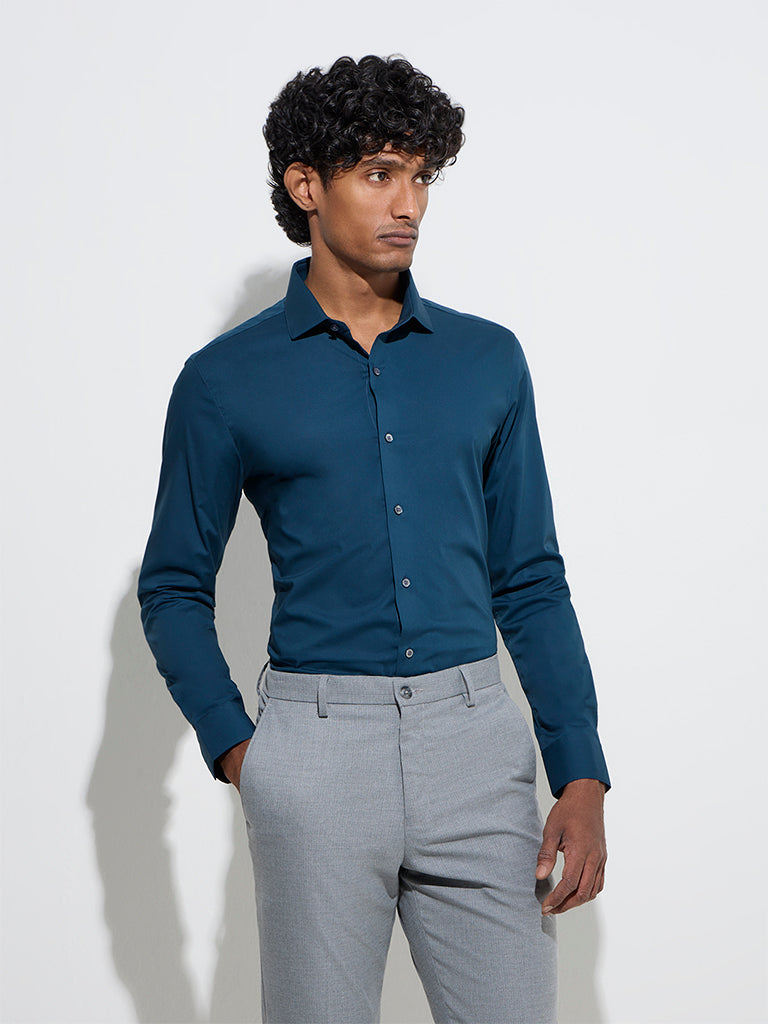 Buy WES Formals Dark Teal Ultra-Slim Fit Cotton Shirt from Westside