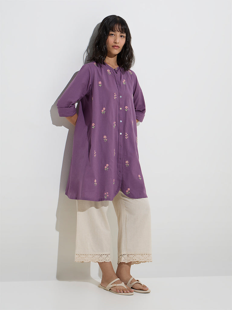 Buy Utsa Violet Floral Embroidered Cotton-Blend Kurta from Westside