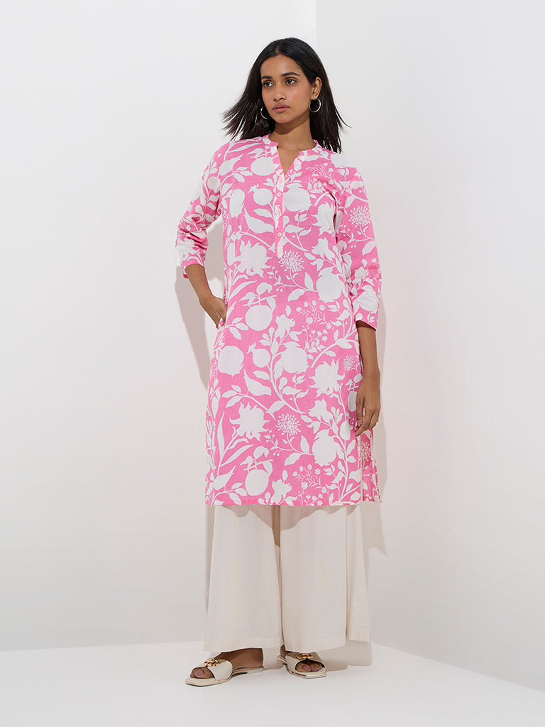 Buy Utsa Pink Botanical Design Straight Cotton Kurta from Westside