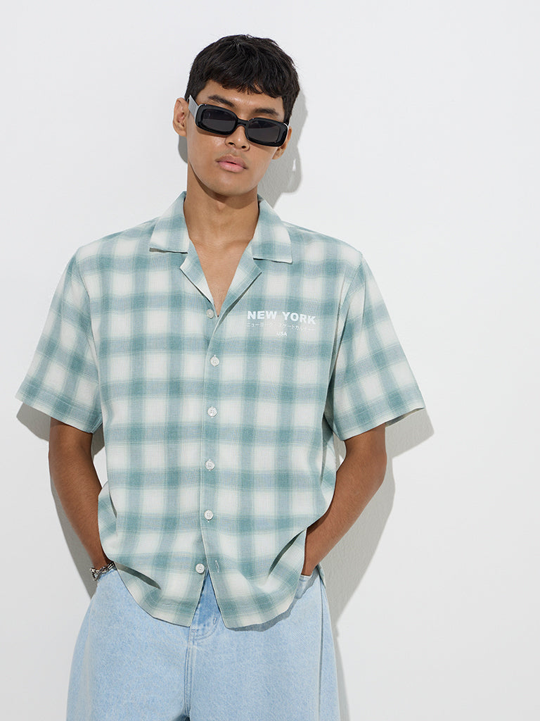 Buy Nuon Teal Checkered Relaxed-Fit Cotton-Blend Shirt from Westside