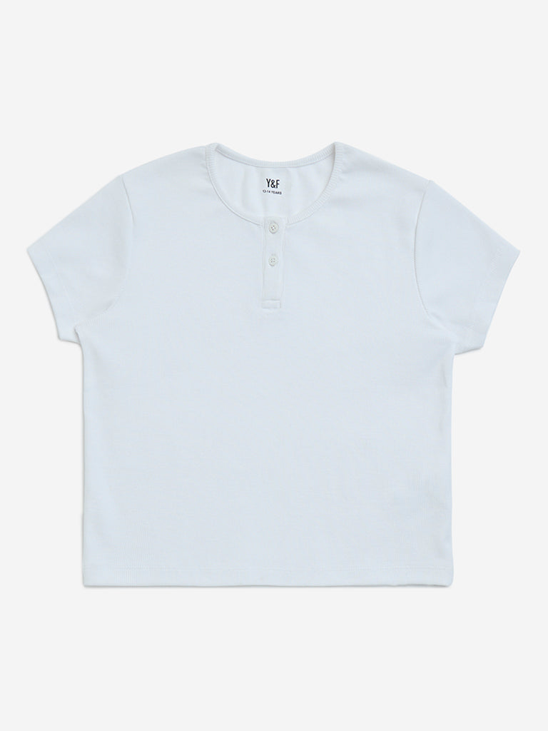 Buy Y&F Kids White Ribbed-Textured Cotton-Blend Top from Westside