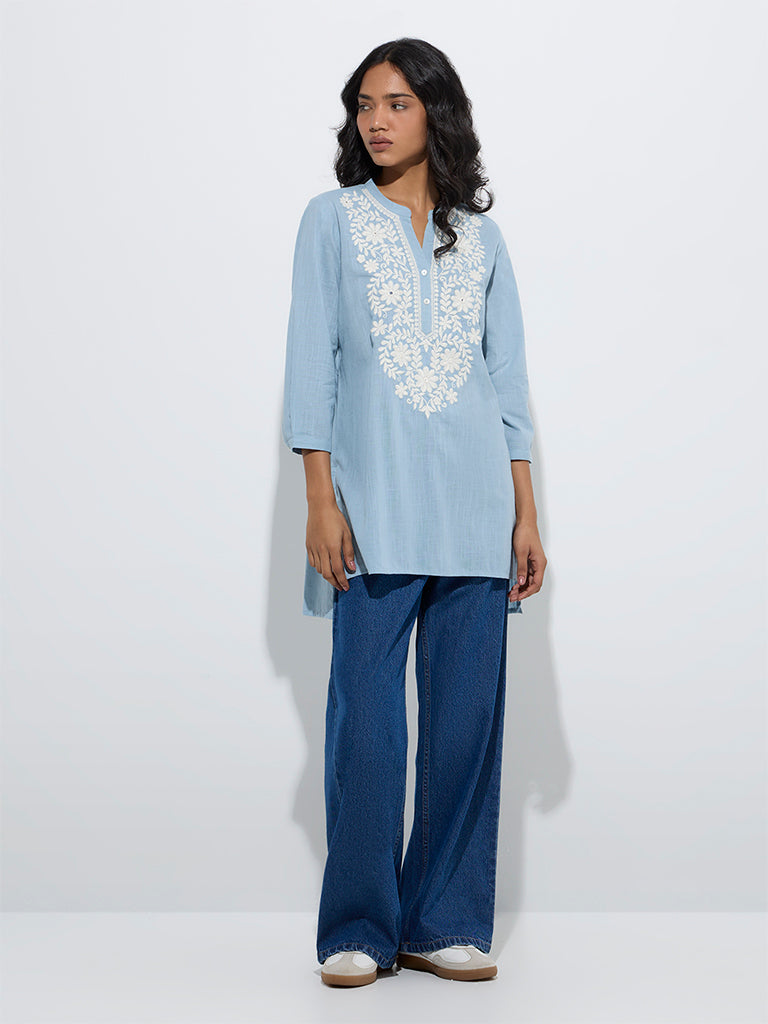 Buy Utsa Blue Floral Embroidered Cotton Tunic from Westside
